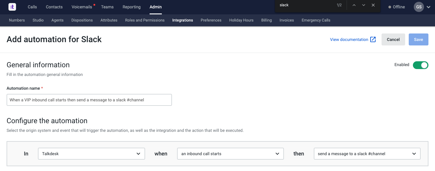 Talkdesk for Slack - Automations Guide – Knowledge Base