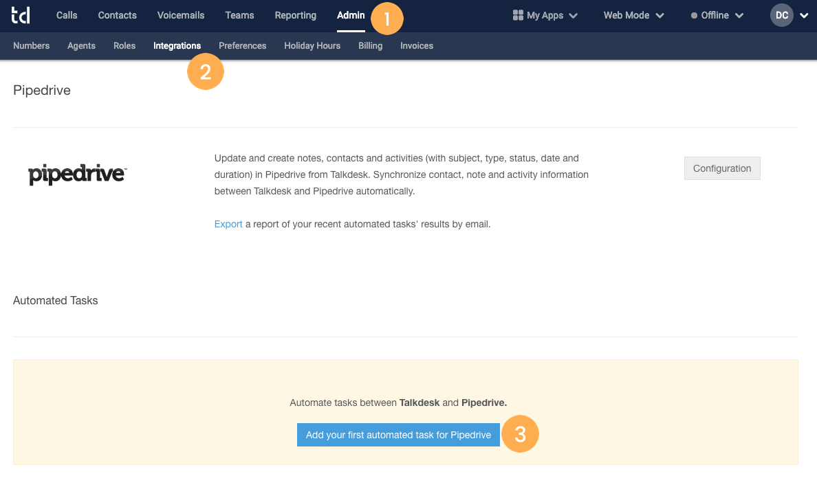 Automating tasks in your Pipedrive Integration – Talkdesk Support