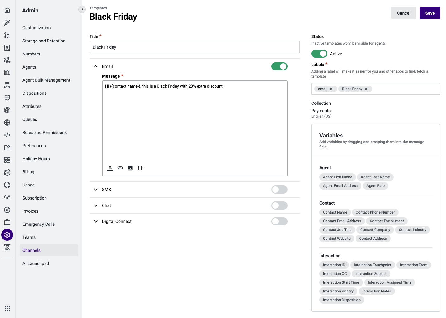Talkdesk Digital Engagement: Cross-Channel Features for Administrators – Knowledge Base