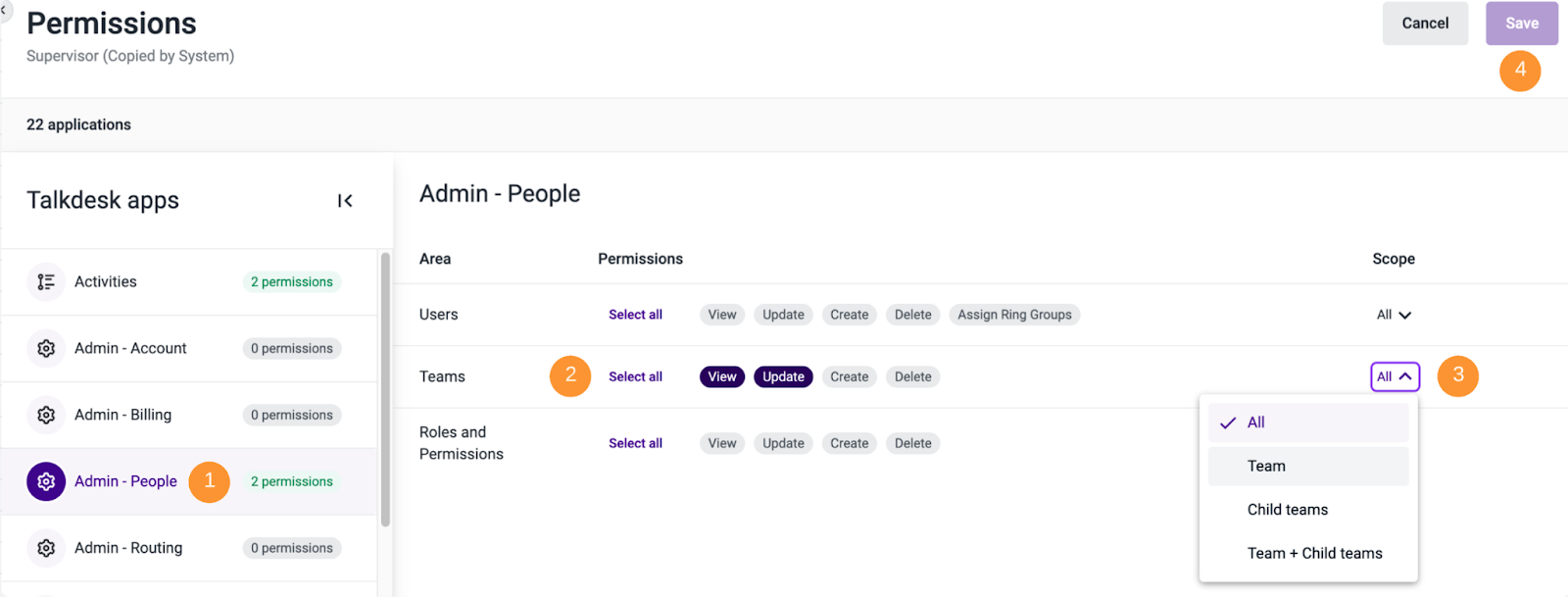 Definición y Edición de Permisos para Teams de Talkdesk – Knowledge Base